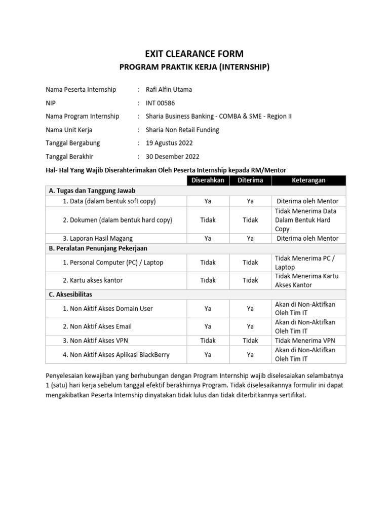 Formulir Clearance Magang Rafi Alfin | PDF