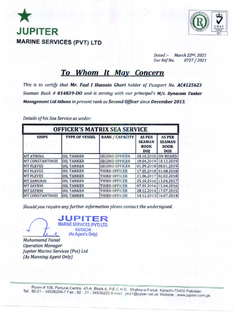 Sea Service Letter | PDF