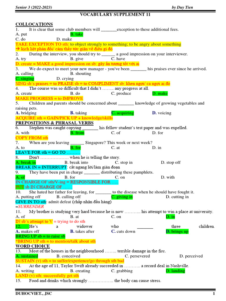 Grade 12 - 2022-2023 - Vocabulary Supplement 11 - Answers & Explanation ...