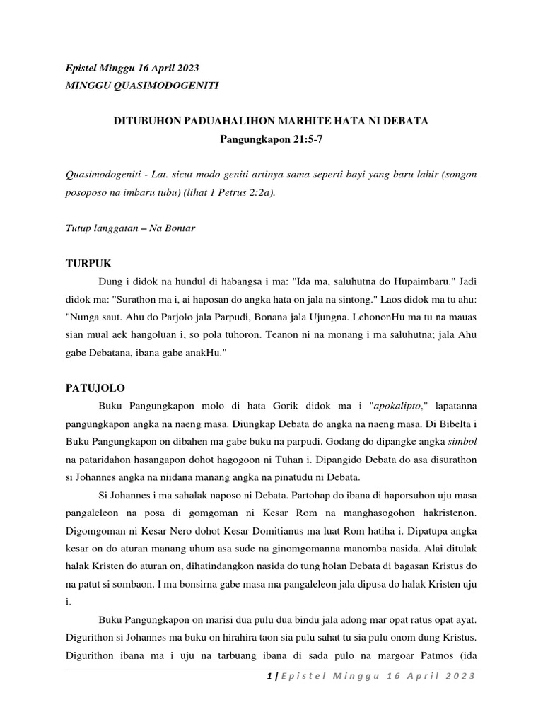 Epistel Minggu 16 April 2023 - Pangungkapon 21 Ayat 5-7 - Ditubuhon Paduahalihon Marhite Hata Ni ...