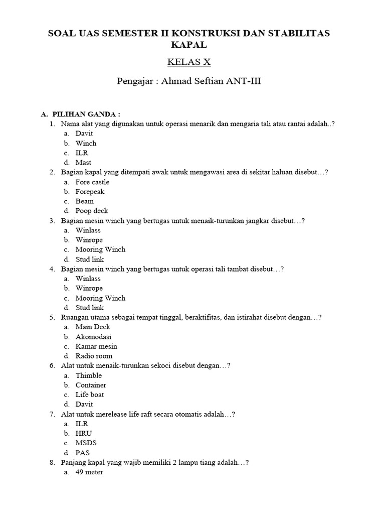 Fix Soal Uas SMSTR Ii Konstruksi Dan Stabilitas Kapal Kelas X | PDF
