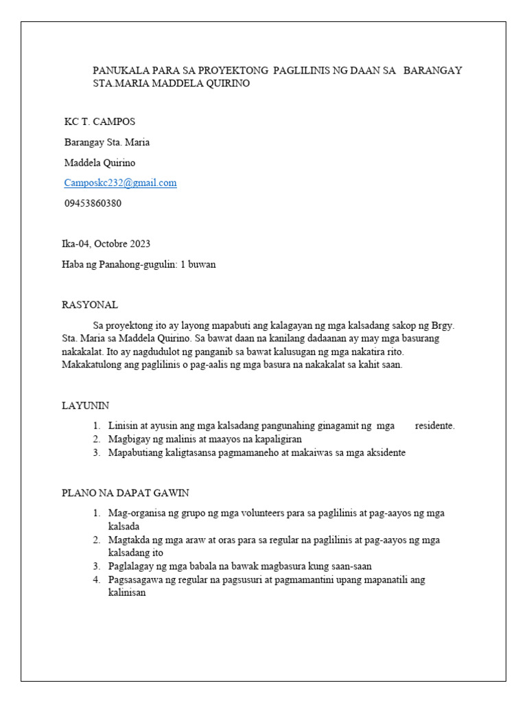 Panukala para Sa Proyektong Paglilinis NG Daan Sa Barangay Sta | PDF