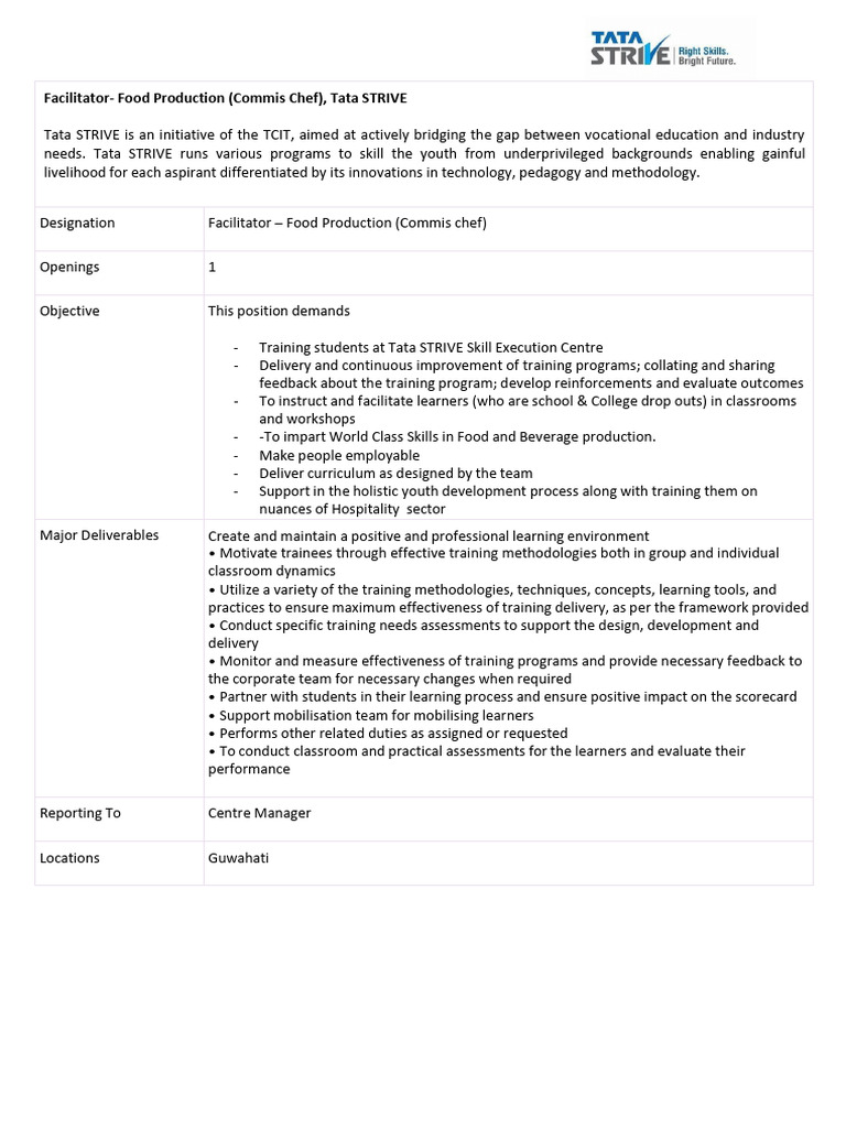 JD - Commis Chef | PDF | Learning | Behavior Modification