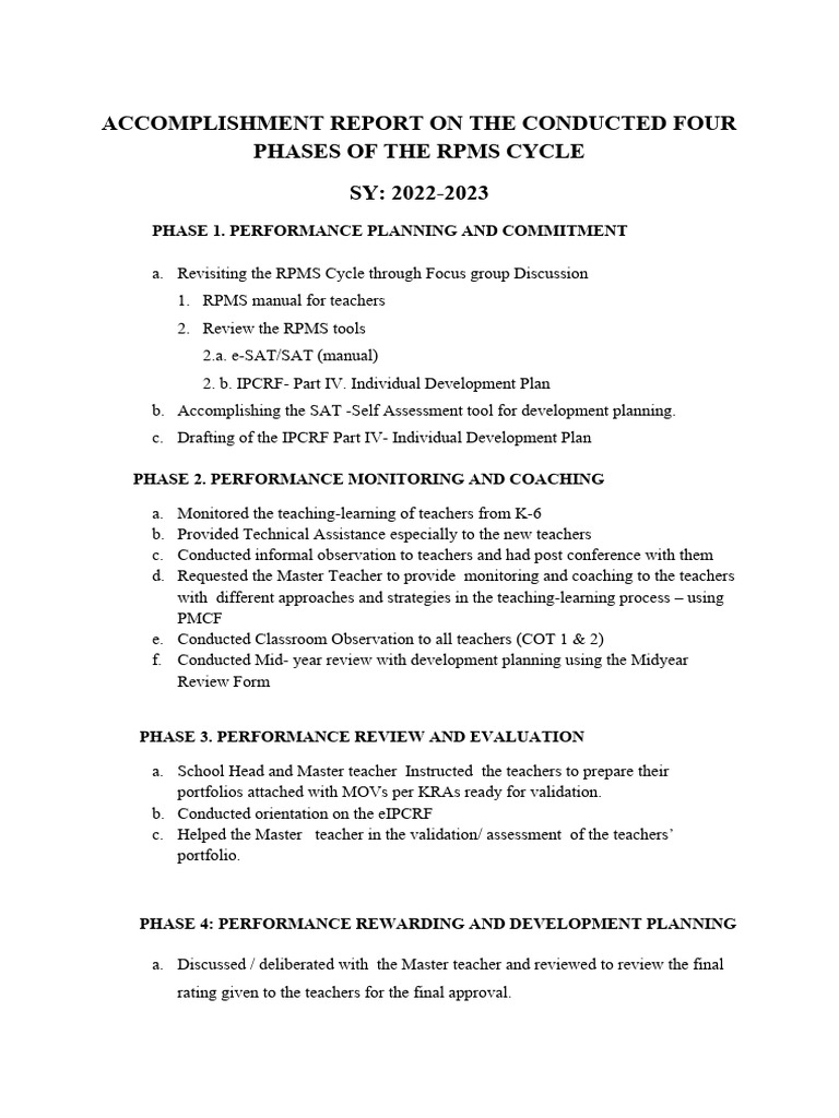 ACR On The Conducted RPMS Cycle | PDF