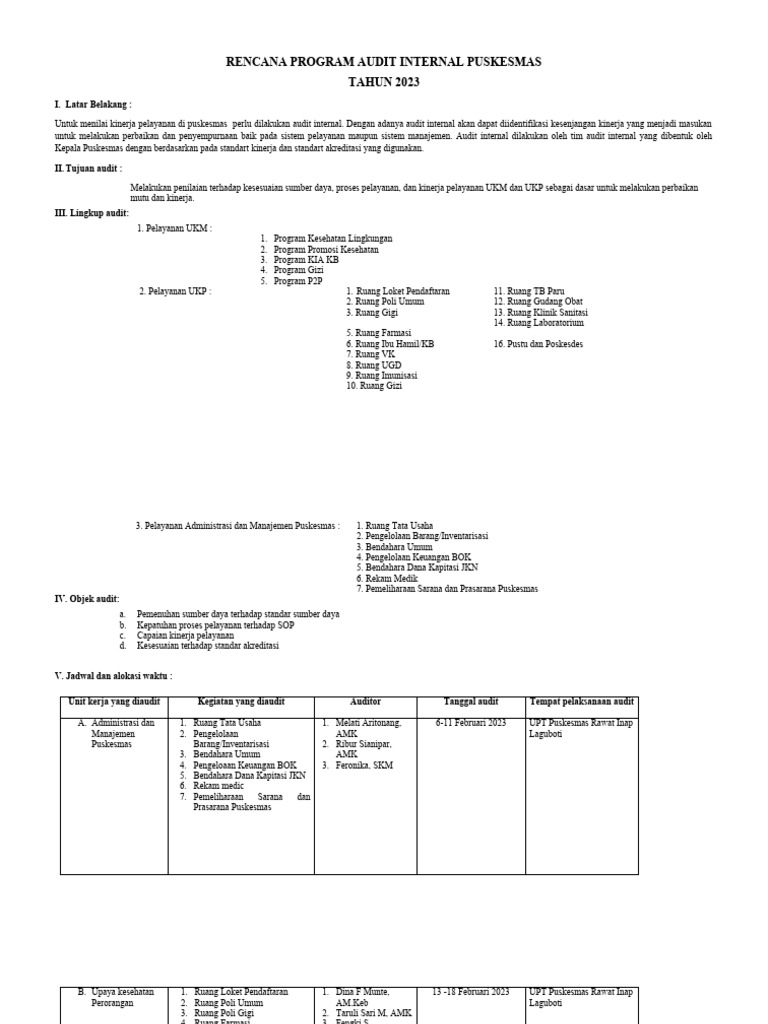 Rencana Audit Internal Puskesmas 2023 | PDF
