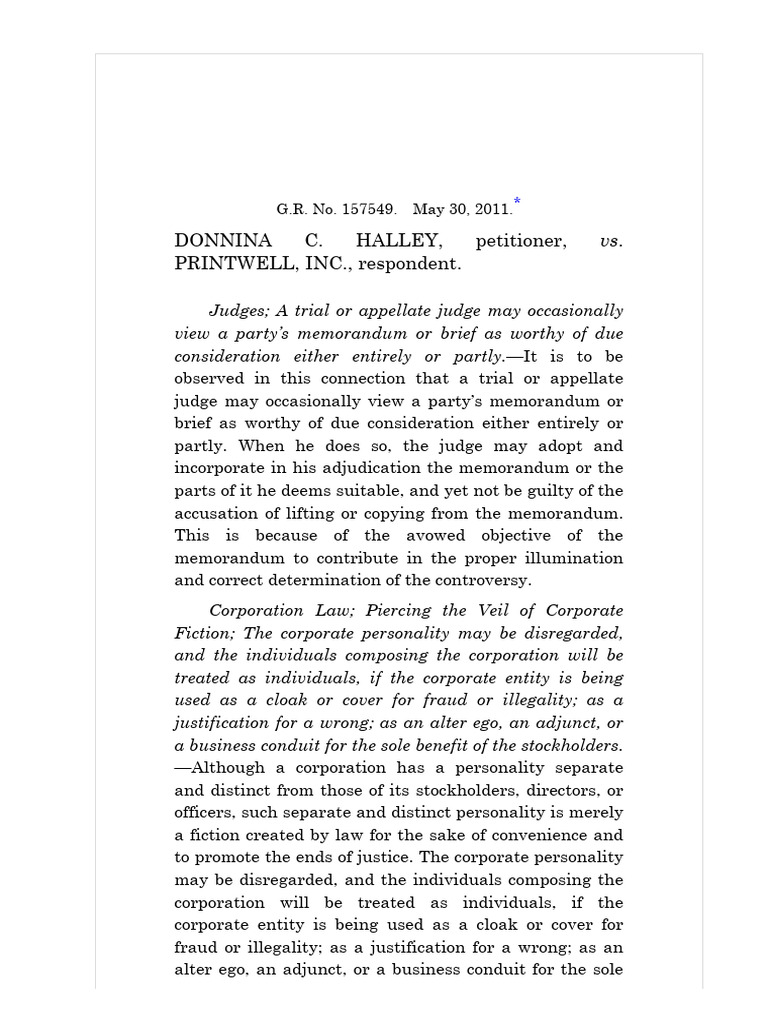 Halley vs. Printwell, Inc. (Syllabus) | PDF | Corporations | Legal ...