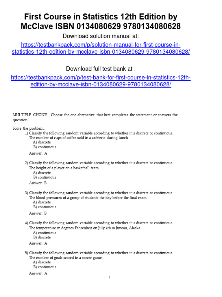 First Course in Statistics 12th Edition McClave Test Bank 1 | PDF ...