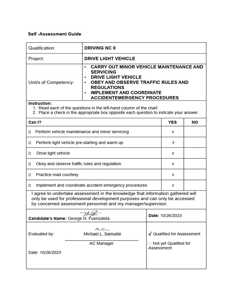 self assessment guide 1 - driving NC II | PDF
