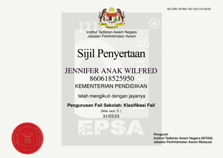 SIJIL Pengurusan Fail Sekolah Klasifikasi Fail | PDF