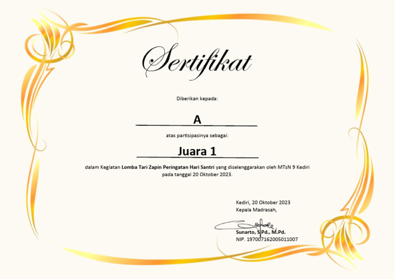 Sertifikat Lomba Tari Zapin | PDF