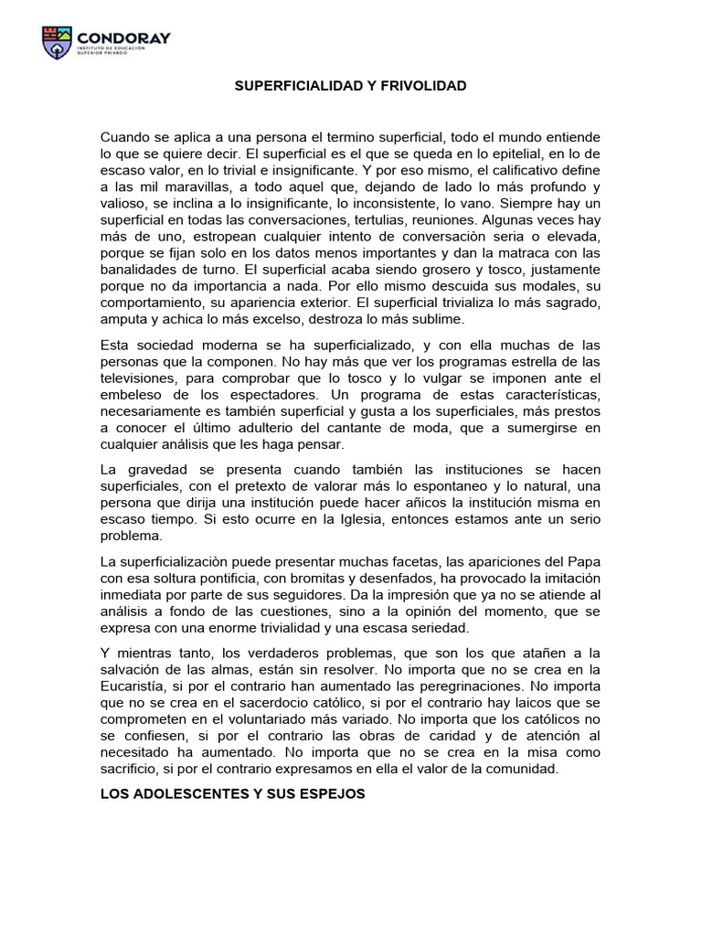Superficialidad y Frivolidad | PDF | Adolescencia | Autoestima