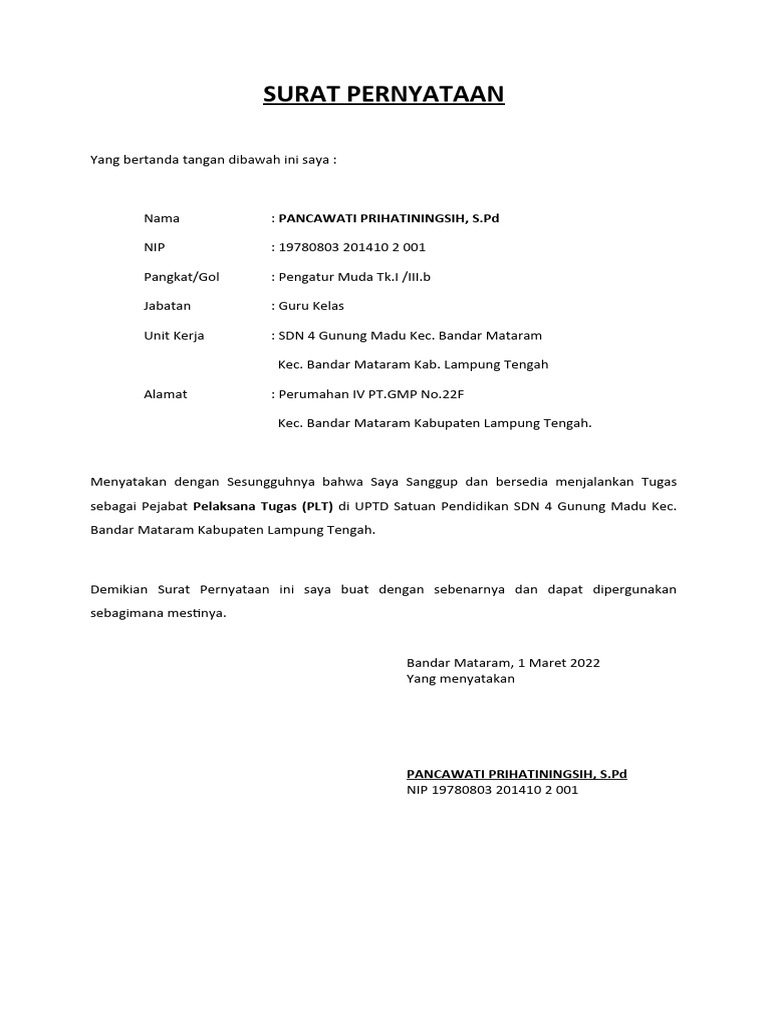 SURAT PERNYATAAN Bersedia PLT | PDF