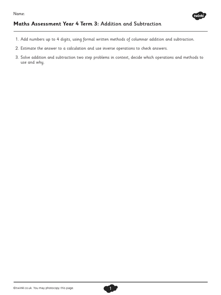 T2 M 1135A Year 4 Maths Assessment Number Addition and Subtraction Term ...
