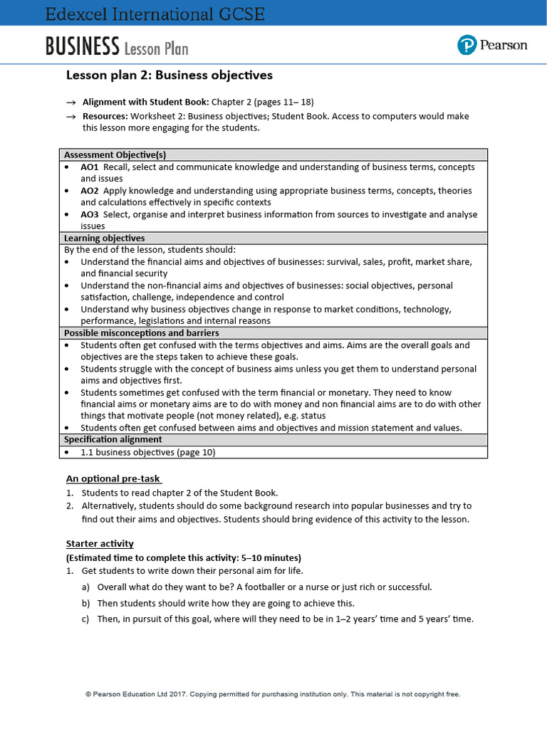 Lesson Plan 2 Business Objectives | PDF | Goal | Knowledge