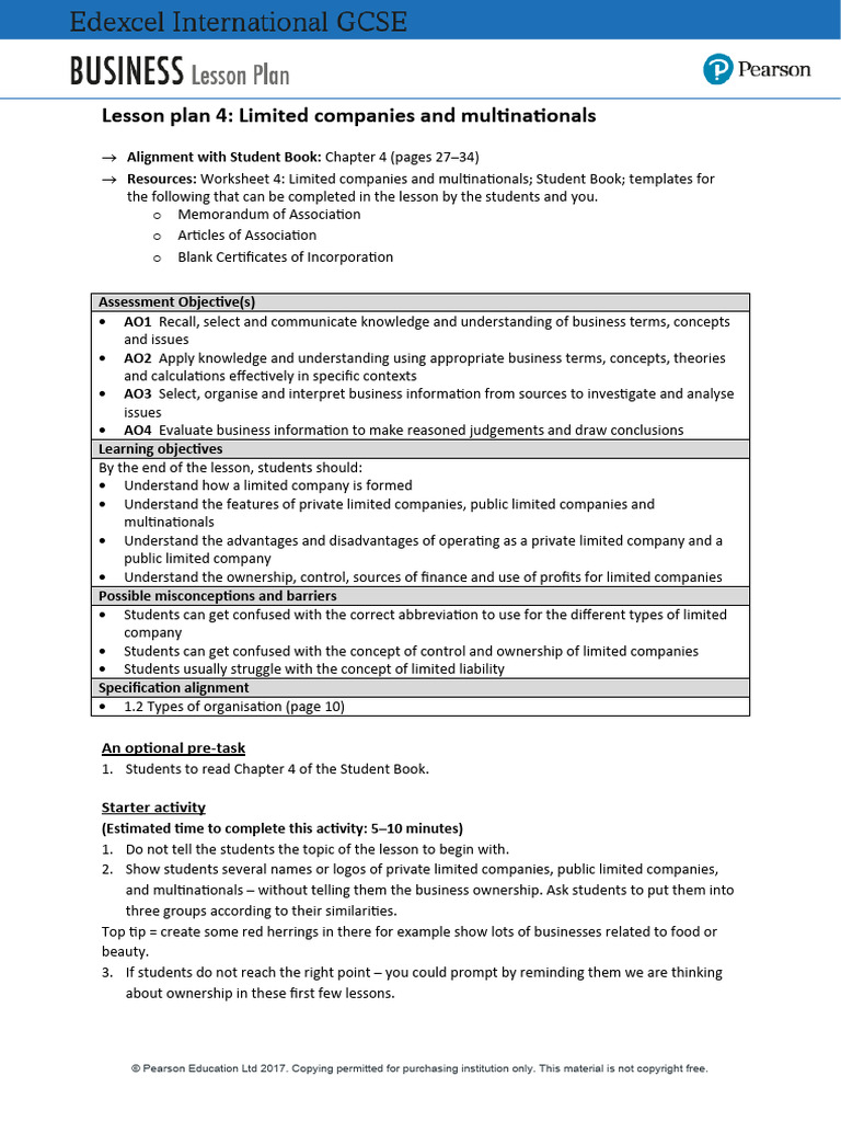 Lesson Plan 4 Limited Companies and Multinationals | PDF