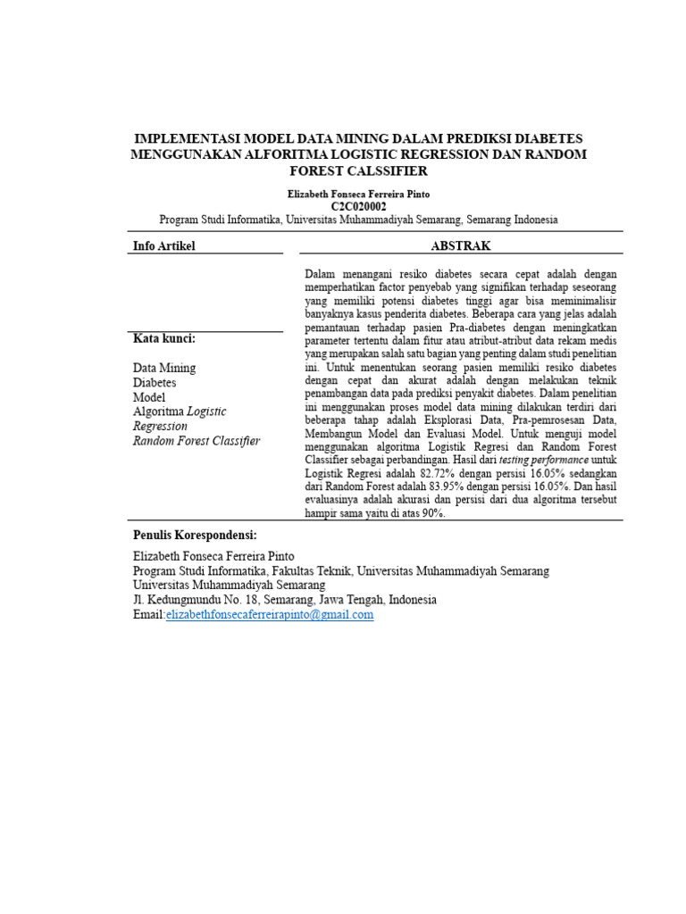 Implementasi Model Data Mining Dalam Prediksi Diabetes Menggunakan Alforitma Random Forest