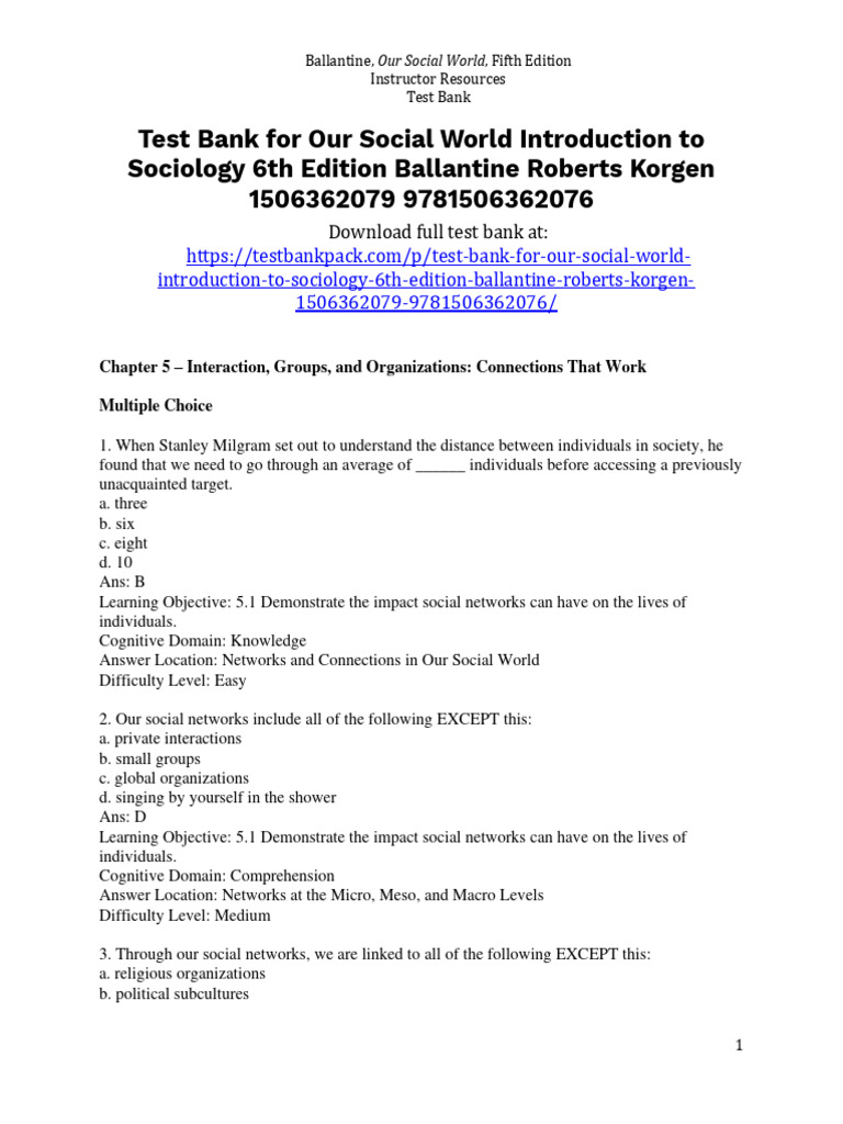 Our Social World Introduction To Sociology 6th Edition Ballantine Test ...
