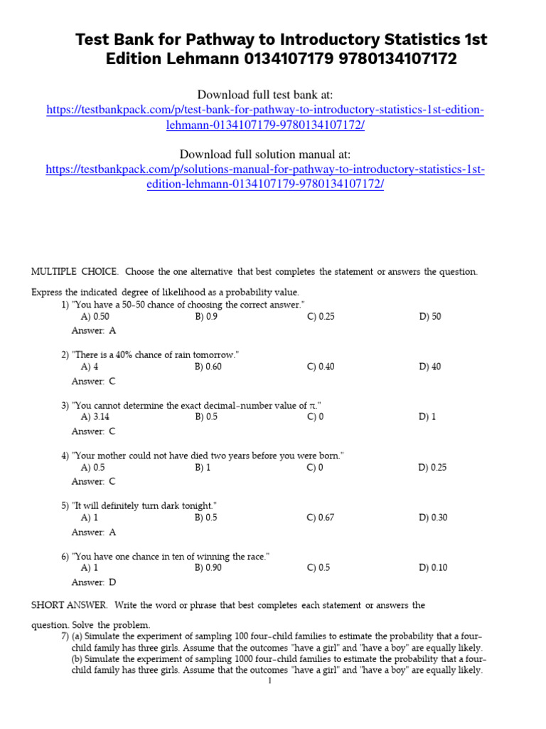 Pathway To Introductory Statistics 1st Edition Lehmann Test Bank 1 ...