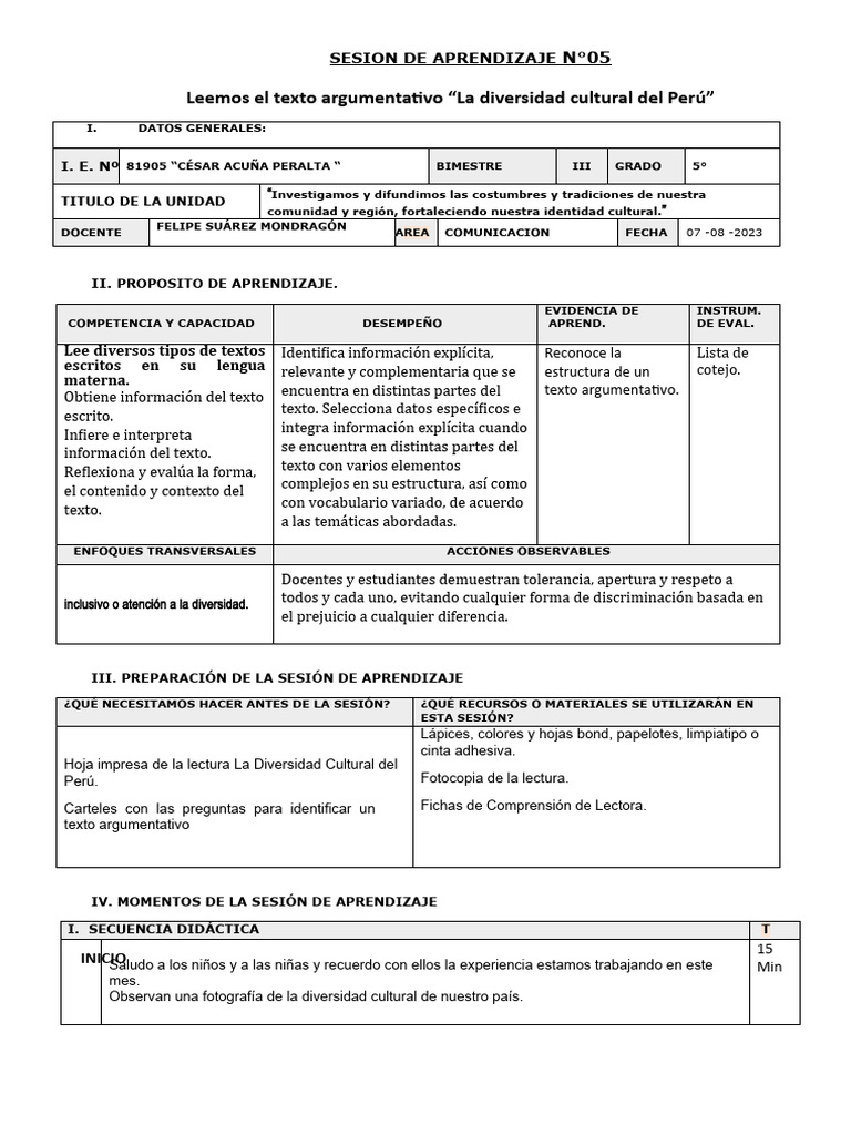 5 SESION 05 Leemos Sobre La Diversidad Cultural de Peru. | PDF ...