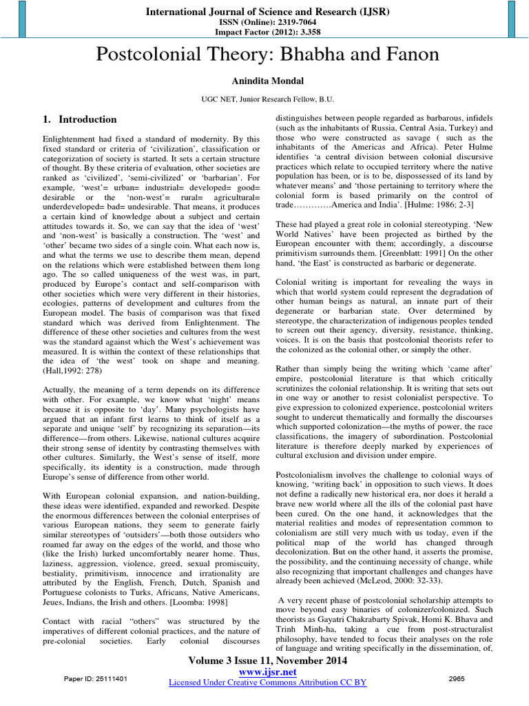 Postcolonial Theory: Bhabha & Fanon Analysis | PDF | Frantz Fanon ...