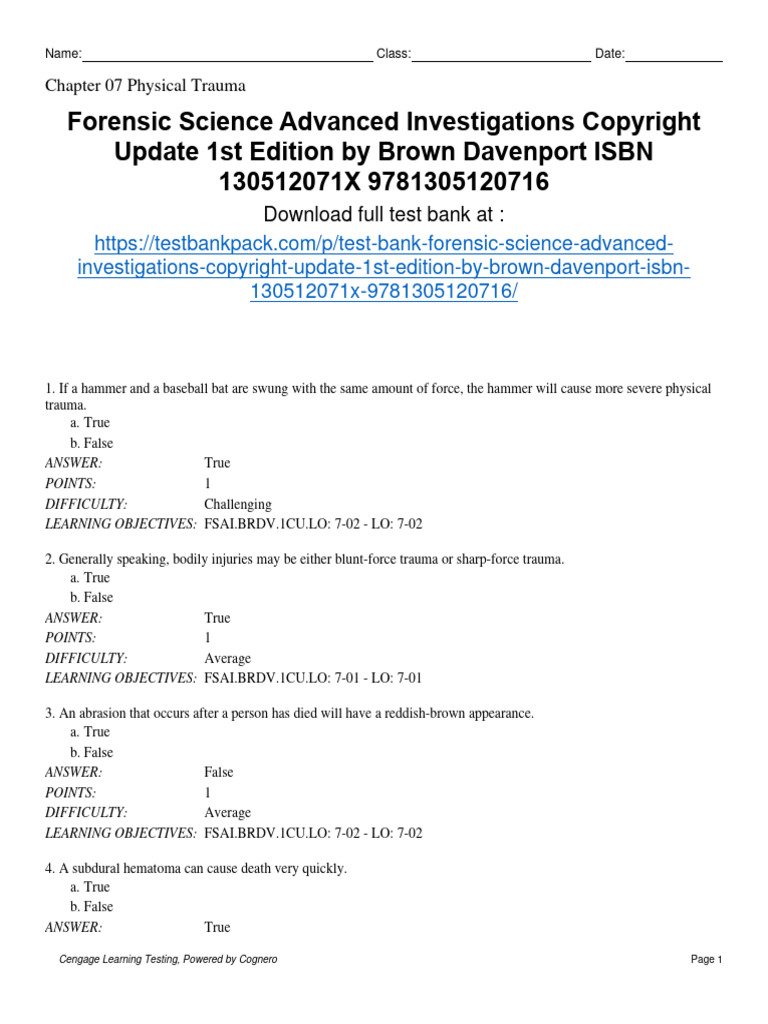 Forensic Science Advanced Investigations Copyright Update 1st Edition Brown Test Bank 1 Pdf