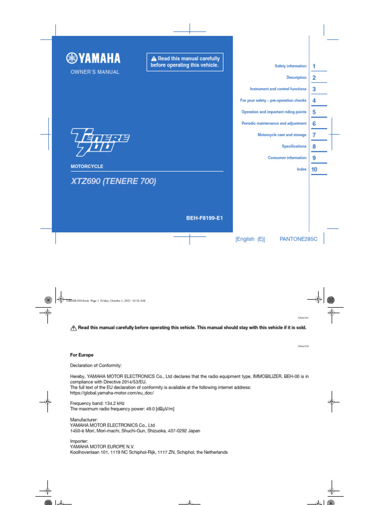 Yamaha Tenere 700 Owner Manual | PDF | Anti Lock Braking System ...