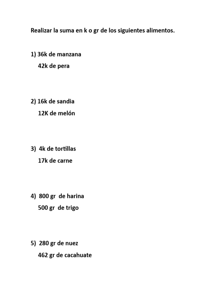 Sumas de Alimentos en Kilos y Gramos | PDF | Cocina, comidas y vino ...