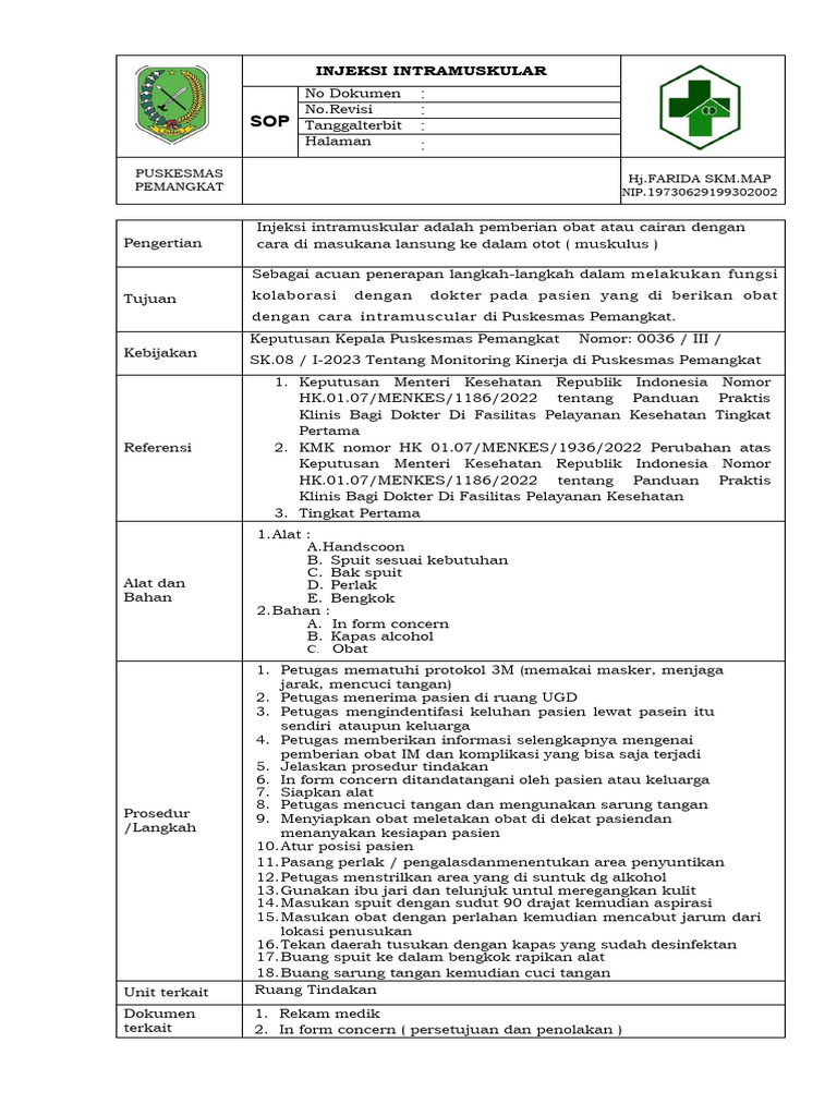 Sop Injeksi Intramuskular | PDF | Kesehatan Holistik | Sains & Matematika