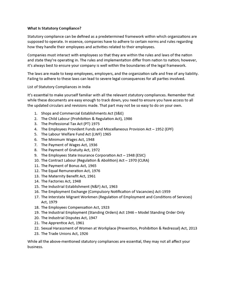 Statutory Compliance | PDF | Employment | Labour Law