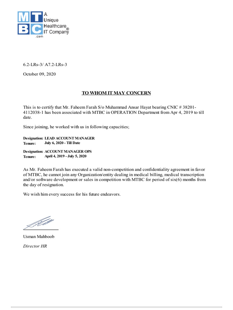 MTBC Employment Certification for Faheem Farah | PDF