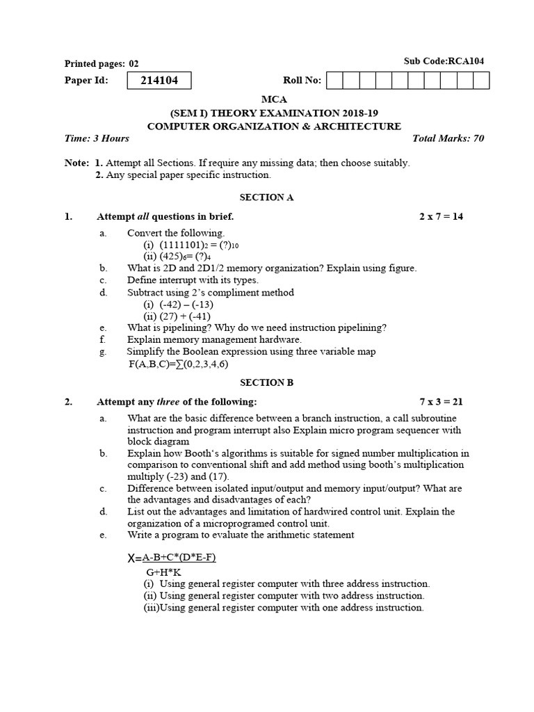 Mca 1 Sem Computer Organization and Architecture Rca104 2019 | PDF | Computer Program | Programming