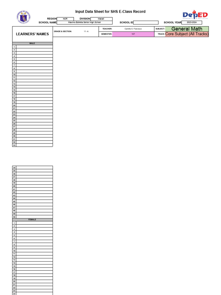 SHS Class Record for General Math | PDF