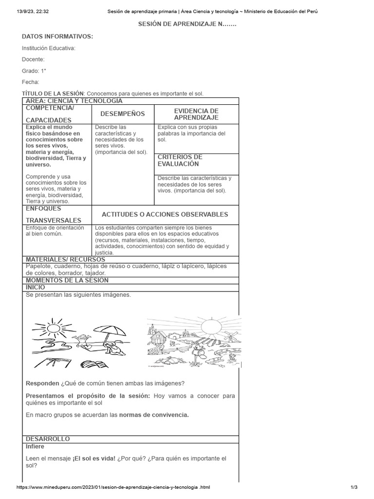 Sesión de Aprendizaje: Importancia del Sol | PDF | Aprendizaje ...