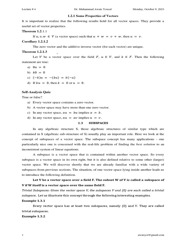 Lec# 4 | PDF | Vector Space | Linear Subspace