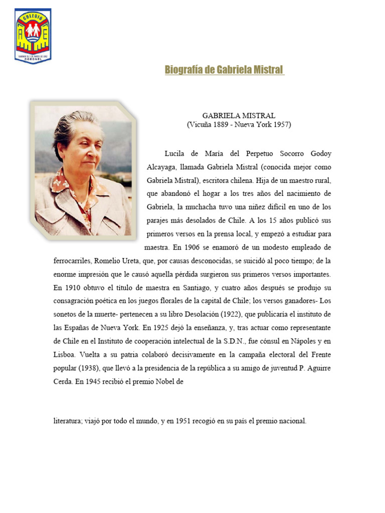 Biografía de Gabriela Mistral | PDF
