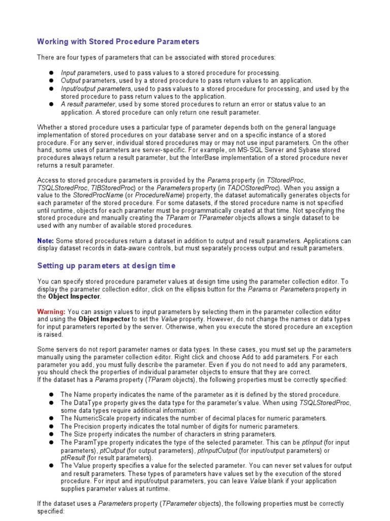 Working With Stored Procedure Parameters Pdf Parameter Computer Programming Subroutine