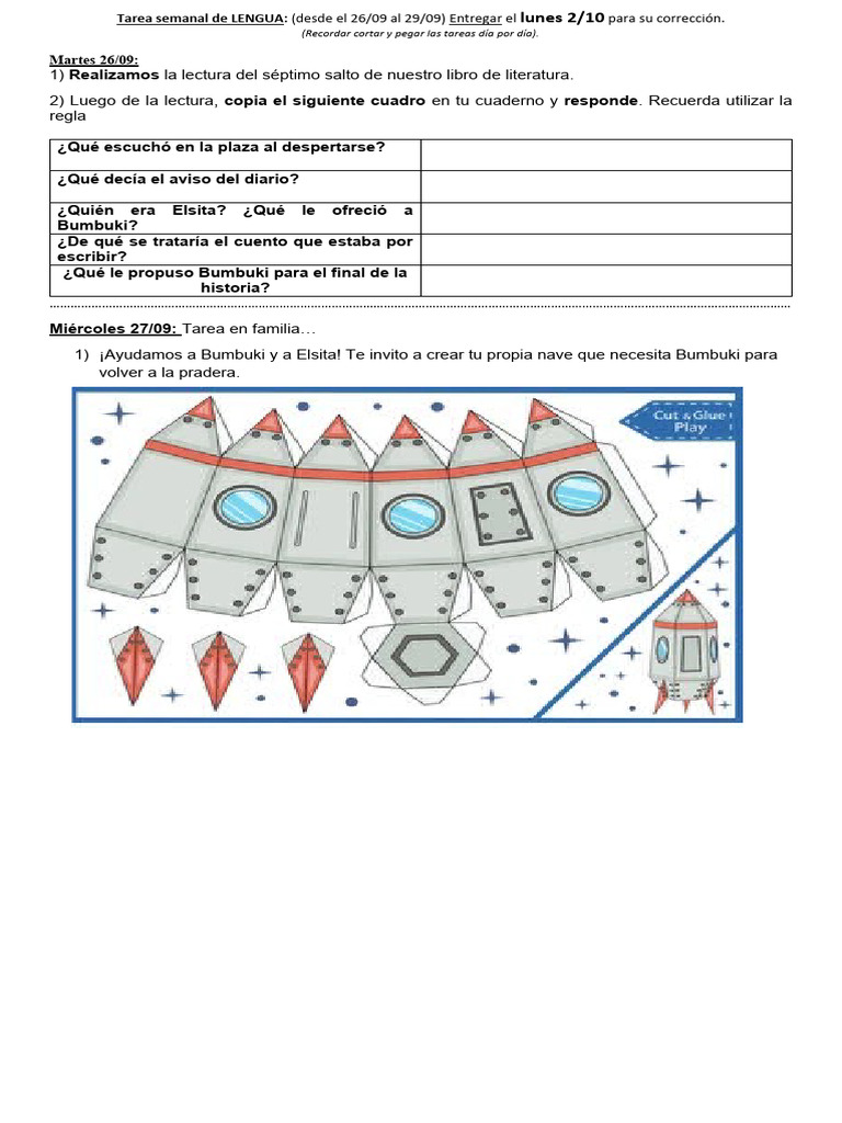 Tarea Semanal de LENGUA 25-09 Al 2-10 | PDF