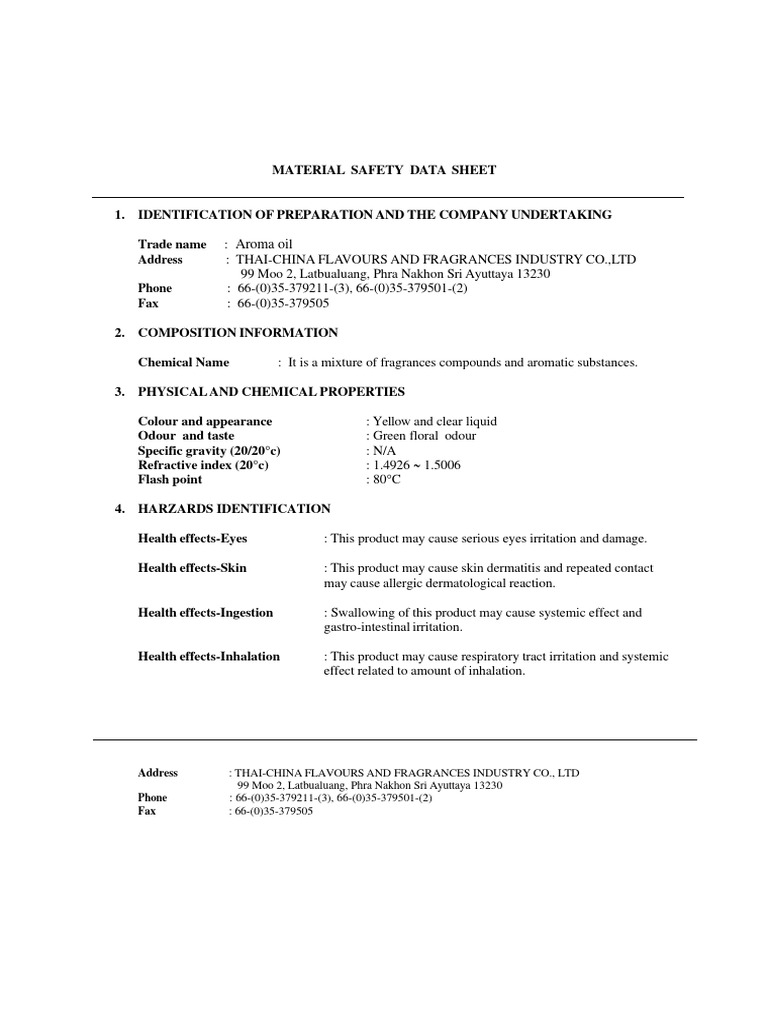 Aroma Oil MSDS | PDF | Water | Odor