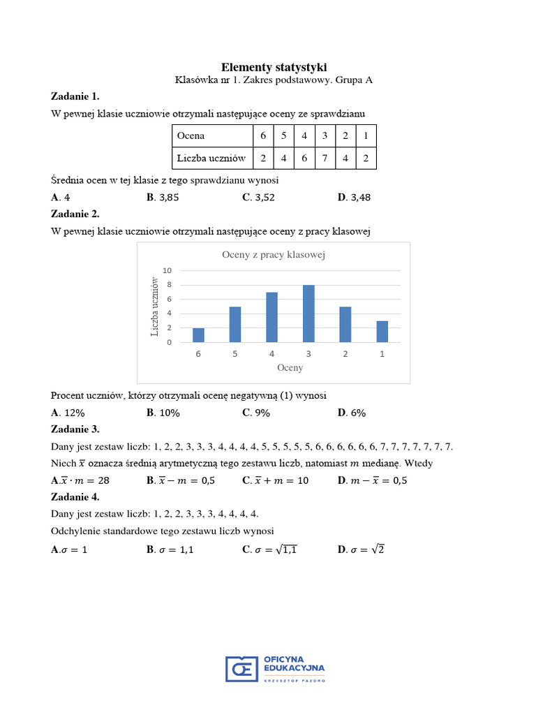 Elementy Statystyki Sprawdzian | PDF