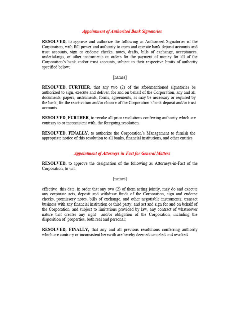Bank Signatory and Attorney-in-Fact Appointment | PDF | Law