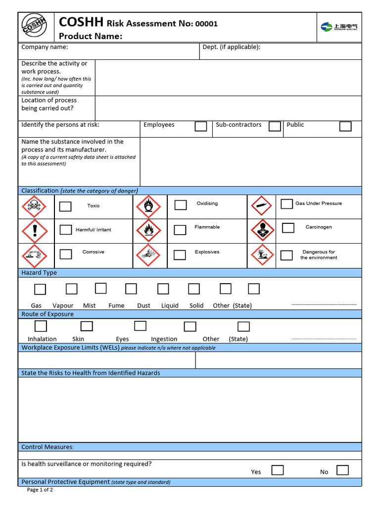 COSHH Risk Assessment Form Updated 2020 | PDF