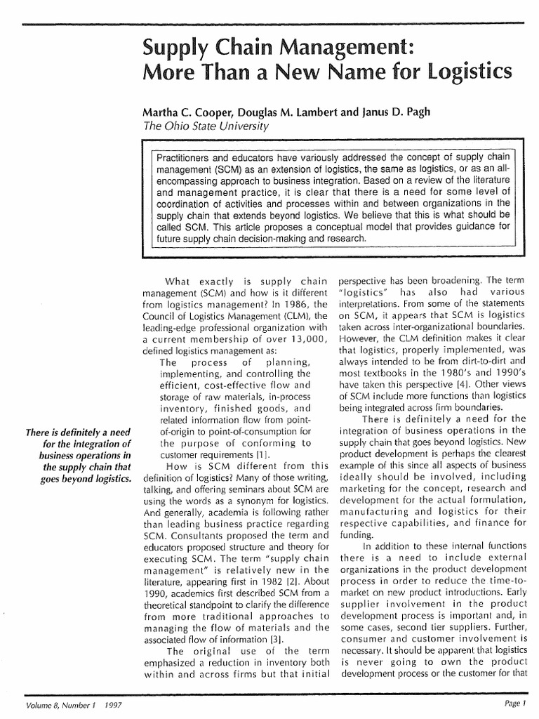 SCM Intro - Cooper Et Al. (1997) - Supply Chain Management More Than A ...