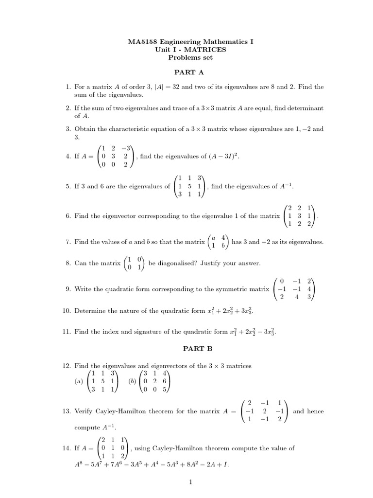 MA5158 Matrices Problem Set-1 | PDF | Eigenvalues And Eigenvectors | Matrix (Mathematics)
