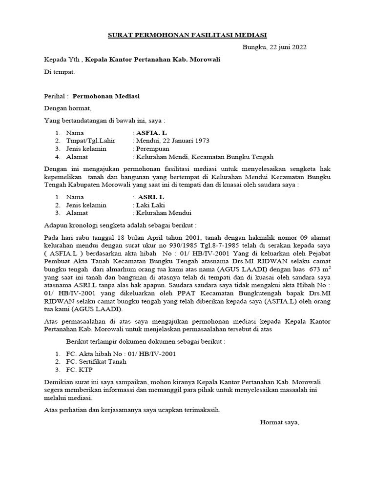 Surat Permohonan Fasilitasi Mediasi | PDF