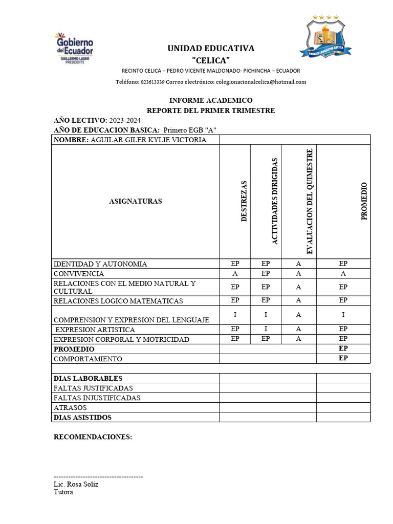 Reporte De Notas Primer Trimestre Pdf