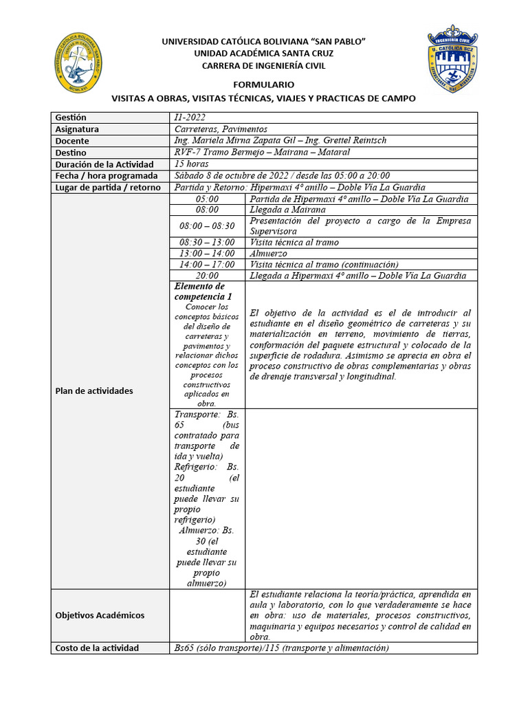 FORMULARIO PARA VISITAS TECNICAS - Llenado | PDF