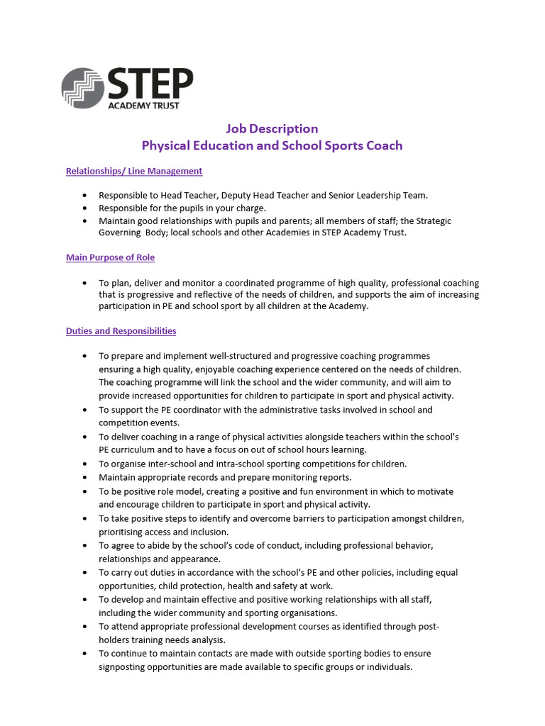 Sports Coach Job Description | PDF | Physical Education | Teachers