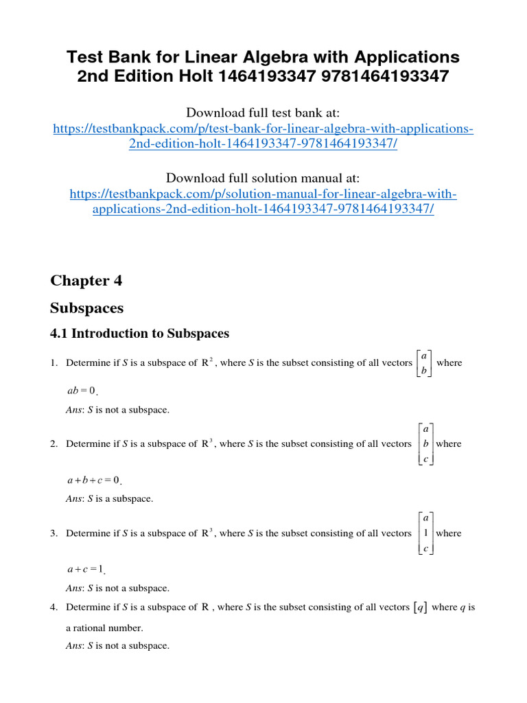 Linear Algebra With Applications 2nd Edition Holt Test Bank 1 | PDF ... Linear Algebra With Applications 2nd Edition Holt Test Bank 1 | PDF ...