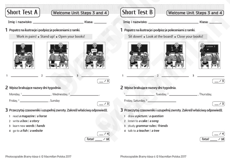 Brainy kl4 Short Tests Welcome Steps 3-4 | PDF