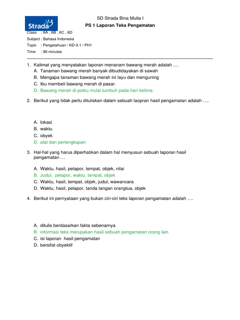 Bahasa Indonesia - PS 1 Laporan Teks Pengamatan - Question + Answer + Student | PDF